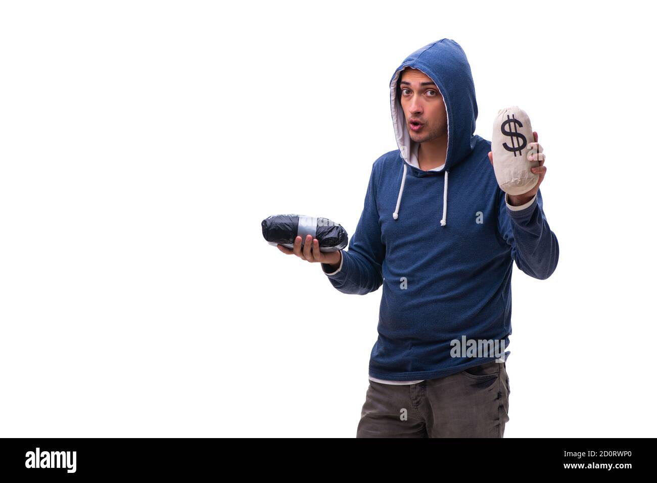 Young drug courier isolated on white background Stock Photo - Alamy