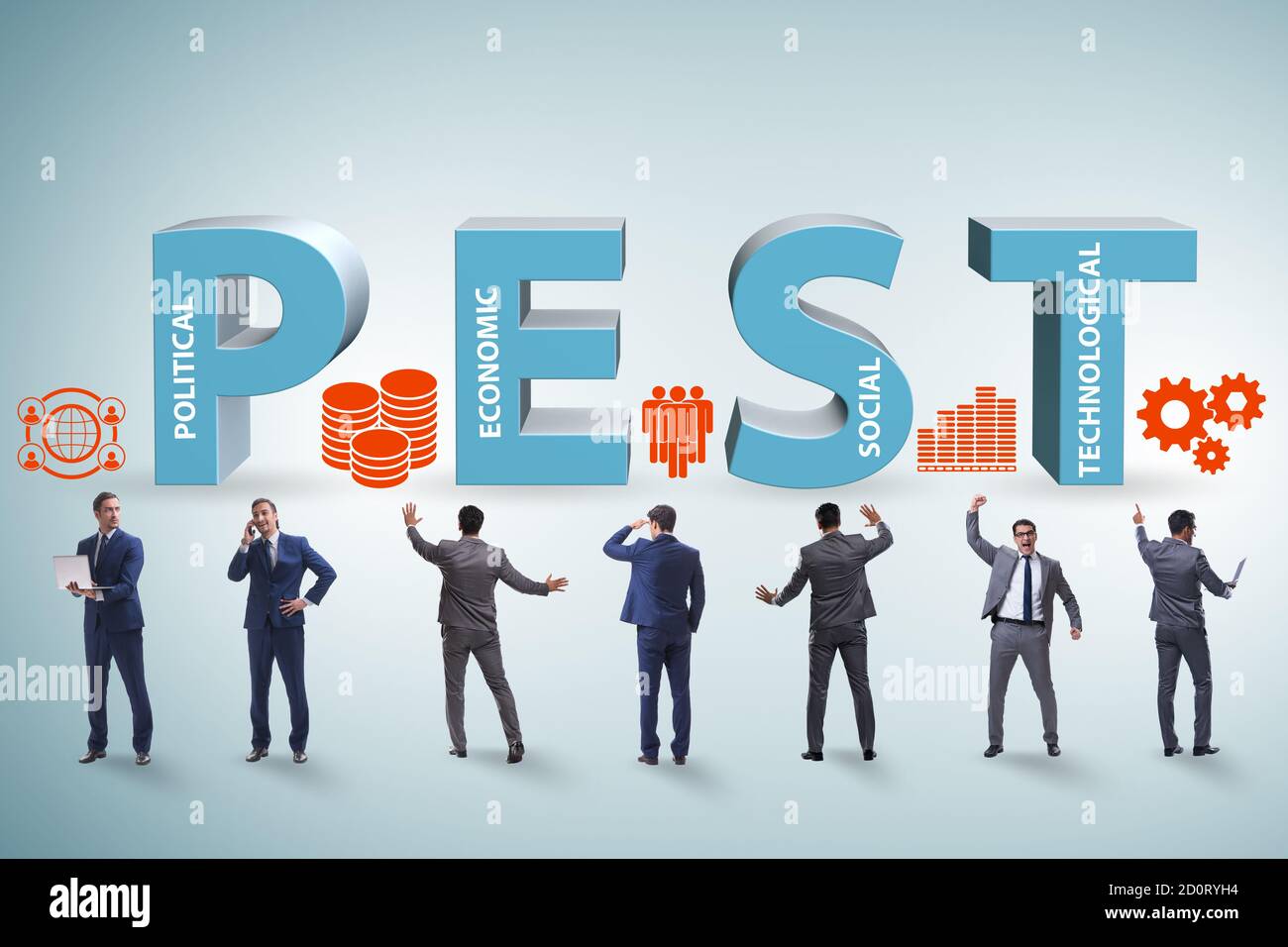 Business people in the PEST analysis business concept Stock Photo - Alamy