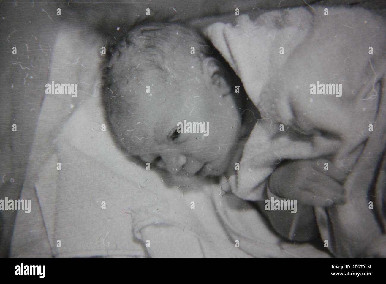 Fine 1970s vintage black and white photography of a newborn baby laying ...