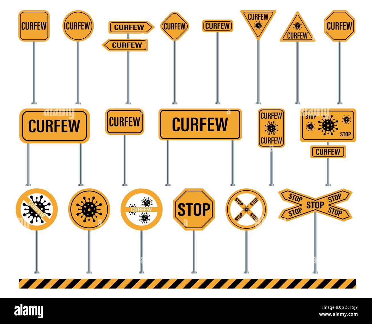 Curfew warning road signs. Set of road signs. Covid-19 sign isolated ...