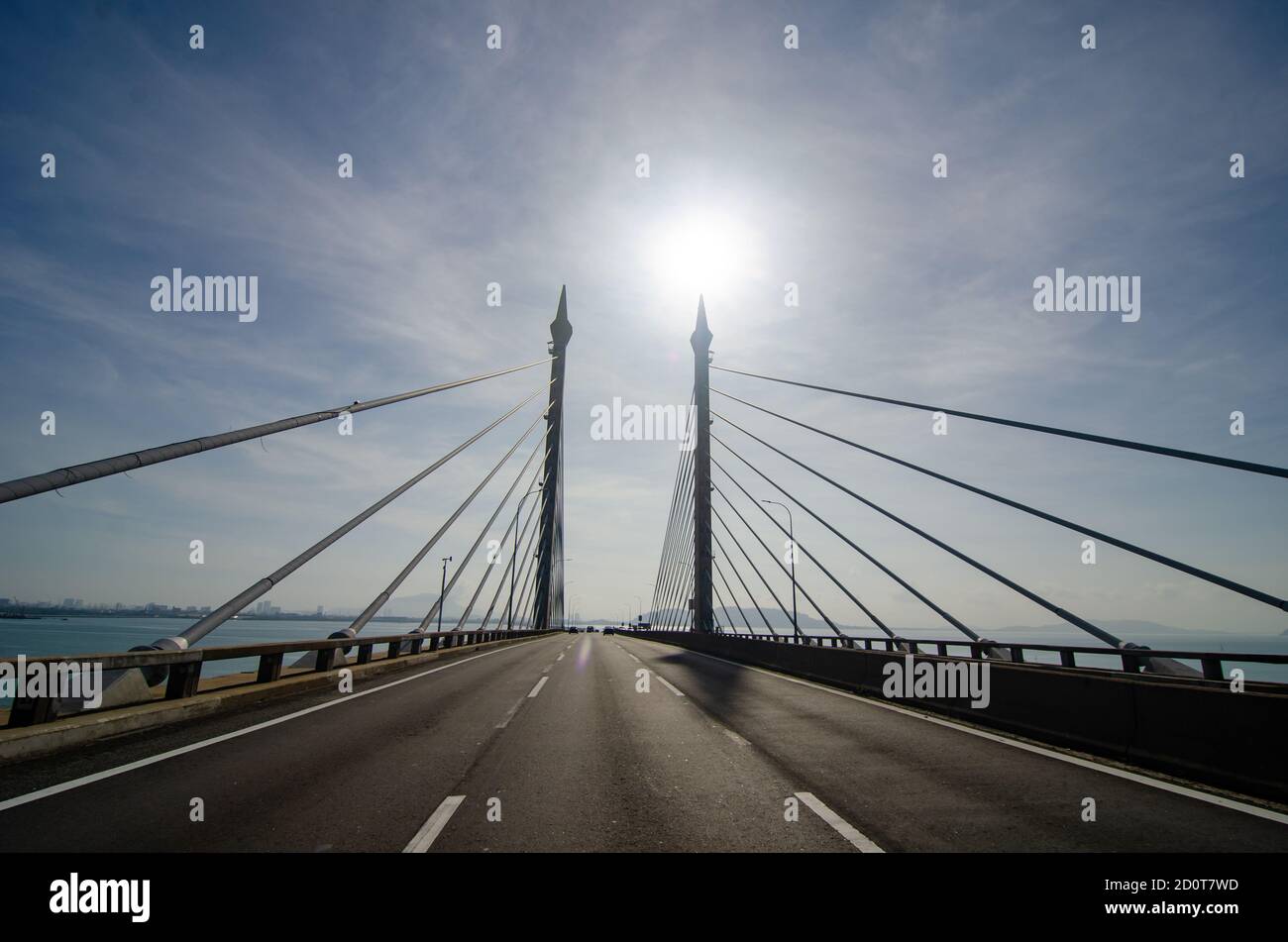 Georgetown, Penang/Malaysia - Feb 16 2020: Penang Bridge with sun at ...