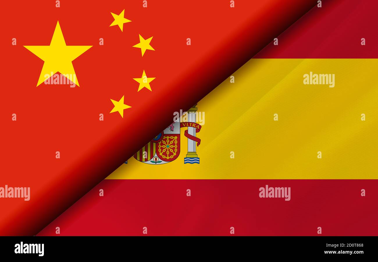 Flags of the China and Spain divided diagonally. 3D rendering Stock ...