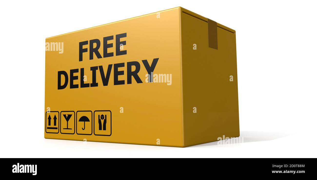 Free delivery text on the cardboard box isolated, 3D rendering Stock ...