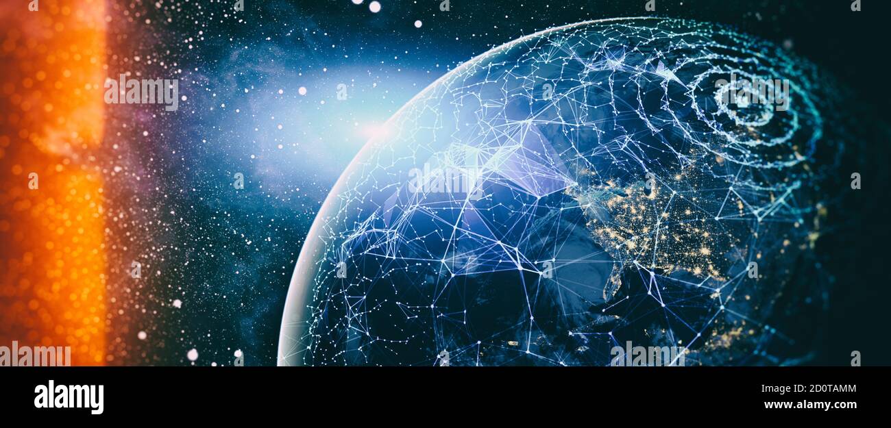 Global world network and telecommunication on earth cryptocurrency and blockchain and IoT ...