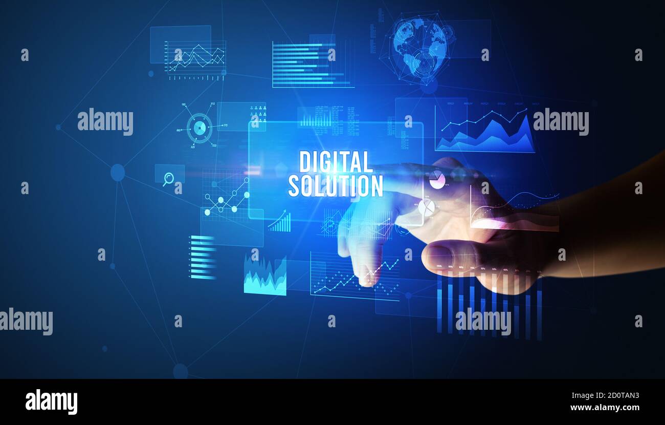 Hand touching DIGITAL SOLUTION inscription, new business technology ...