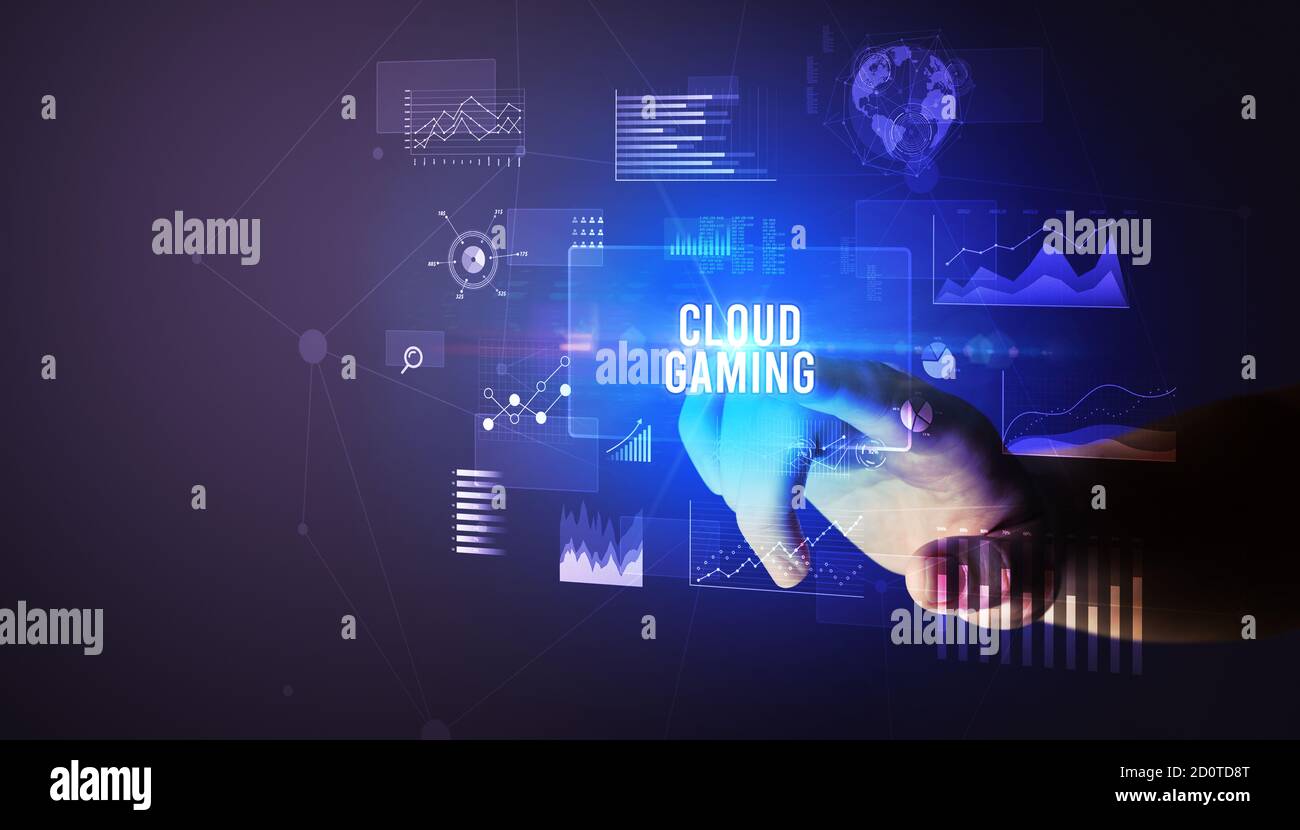 Hand touching CLOUD GAMING inscription, new business technology concept ... Hand touching CLOUD GAMING inscription, new business technology concept ...