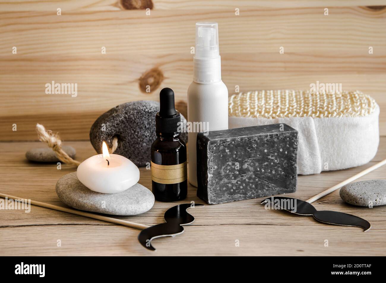 Above view set of various man spa products things. Natural wood disc ...