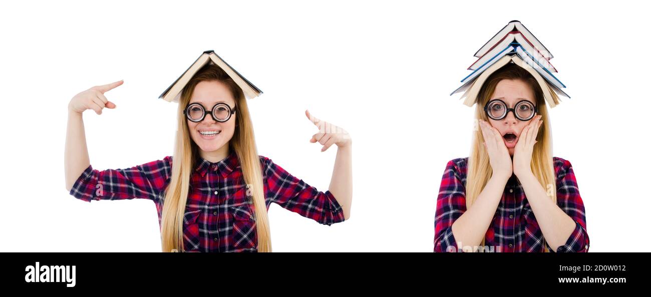 The funny student with stack of books Stock Photo - Alamy