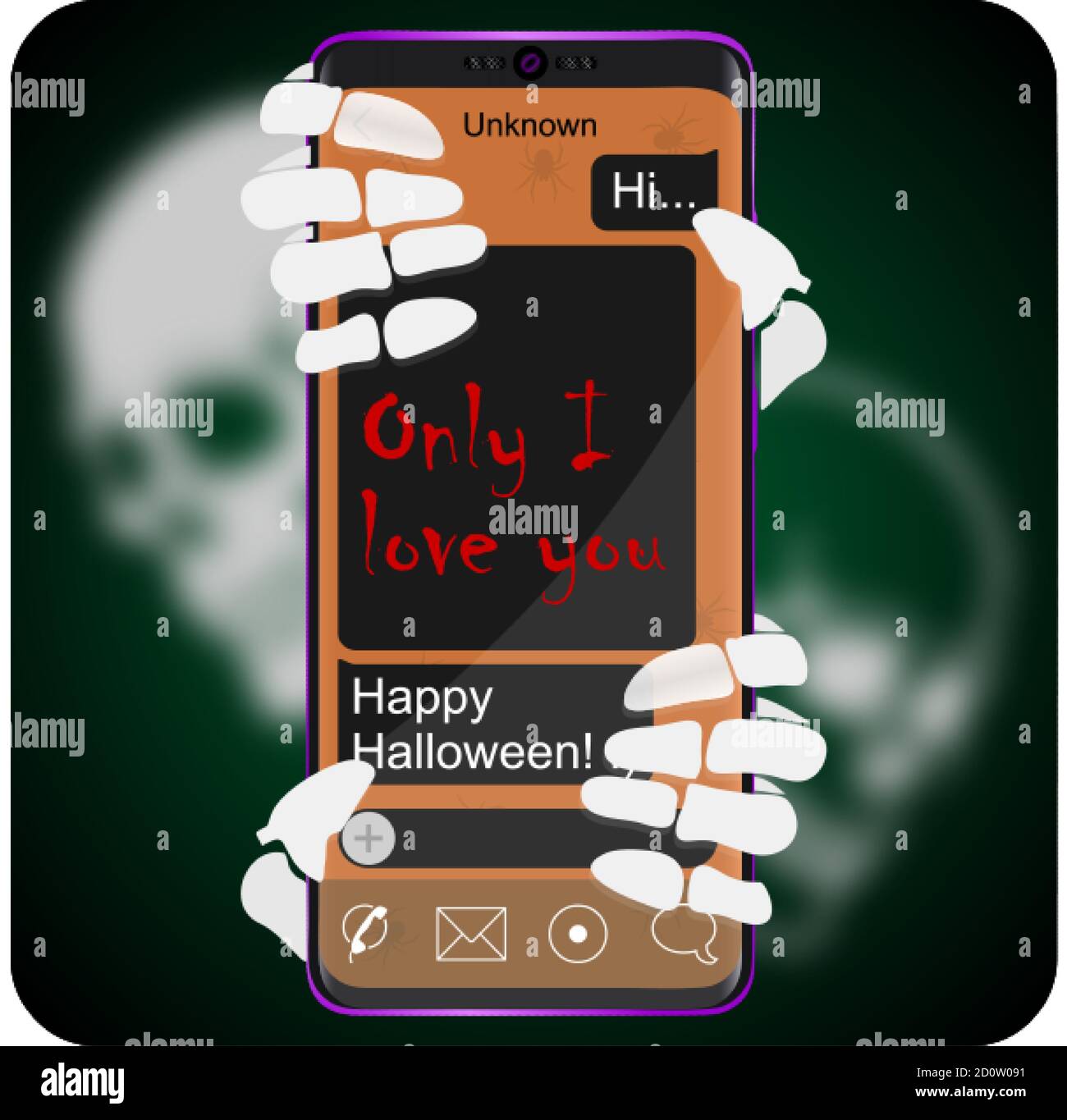Phone with scary Halloween text. The skeleton is holding the phone ...