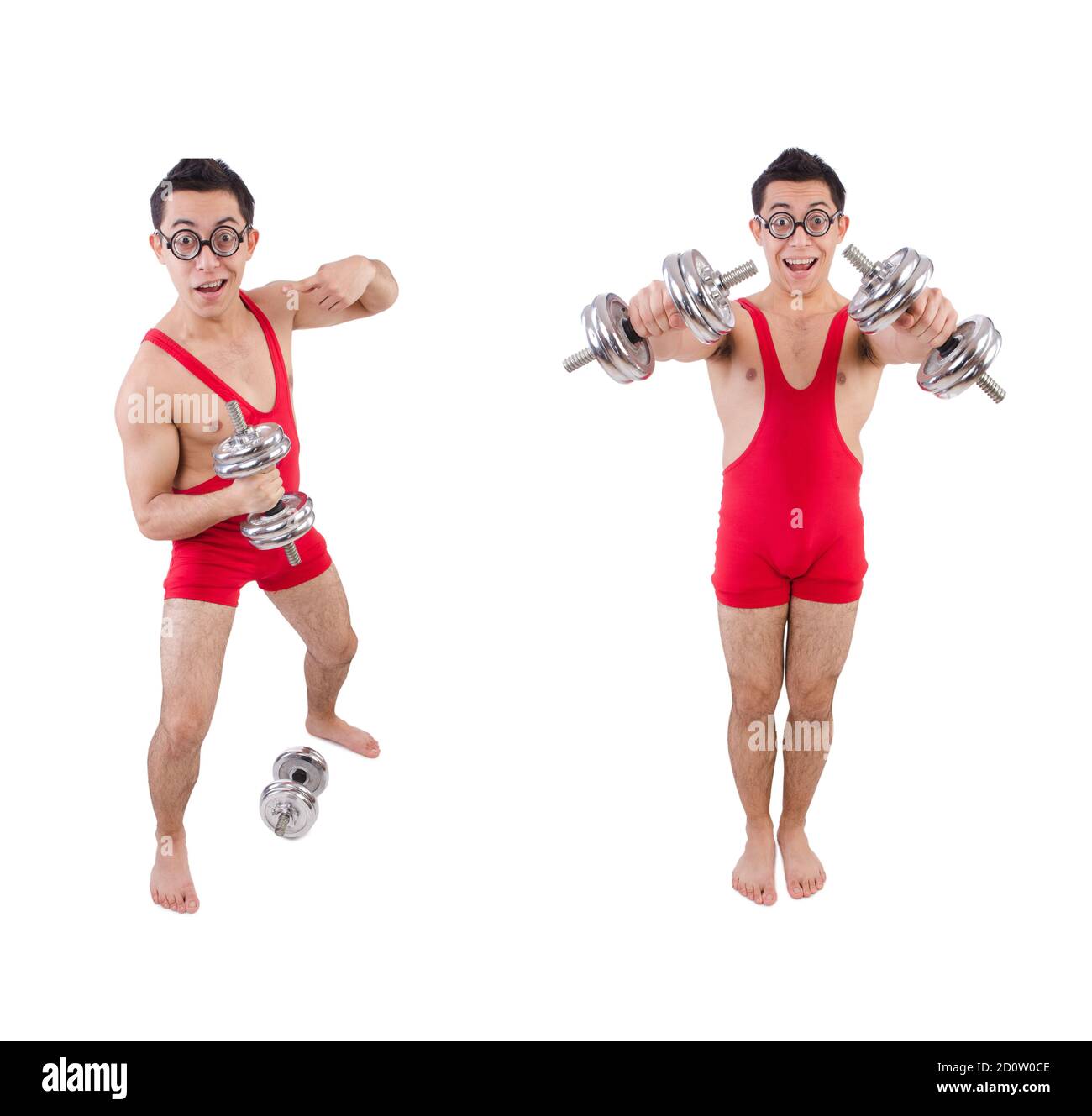 The funny guy with dumbbels on white Stock Photo - Alamy
