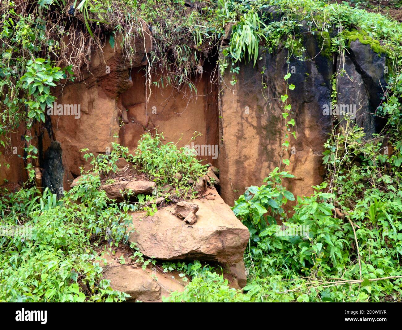 Rock broken into pieces as part of landslide in the eco sensitive area ...
