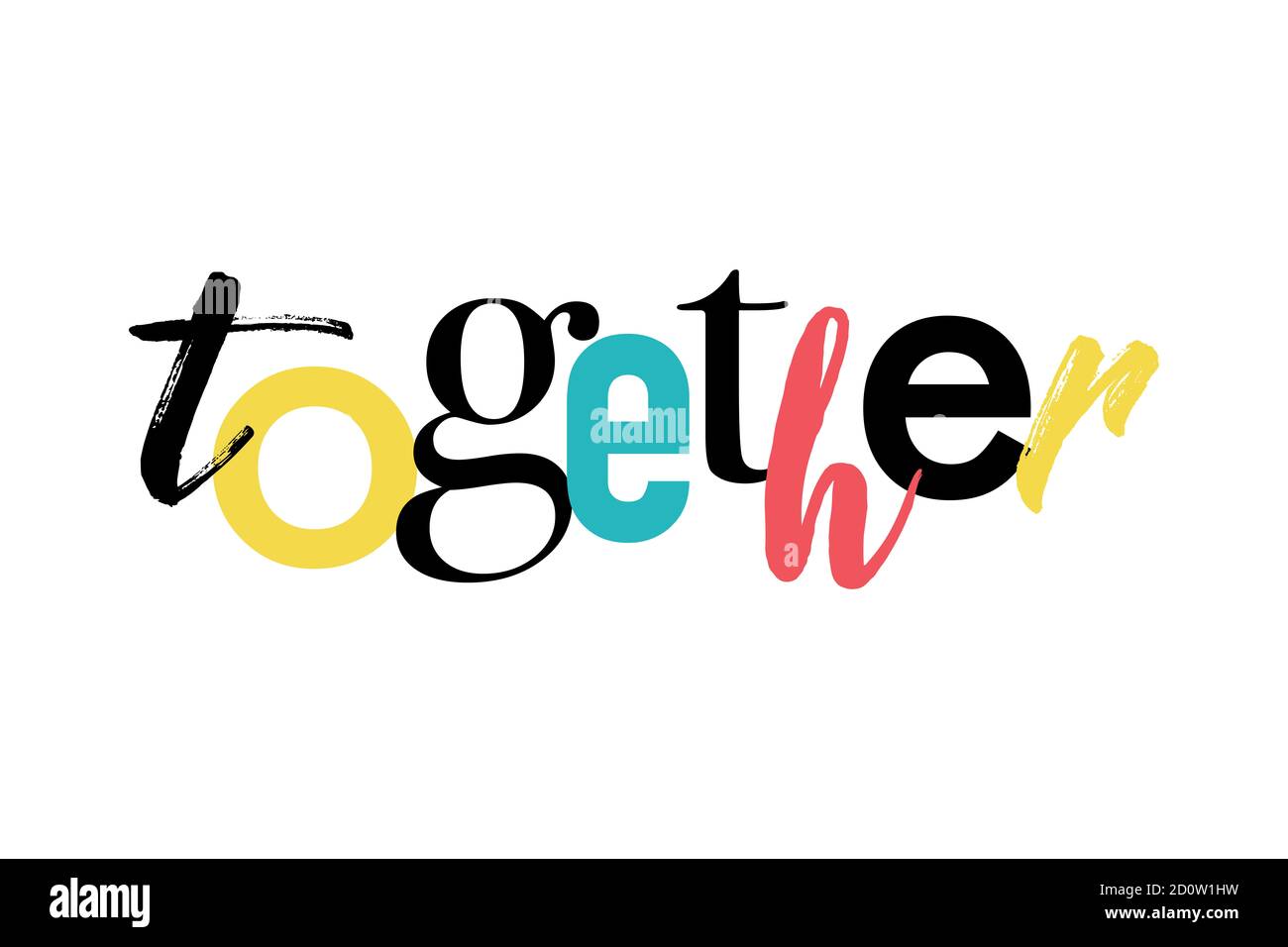 Modern, playful, colorful graphic design of a word "Together" in red, yellow, blue and black ...