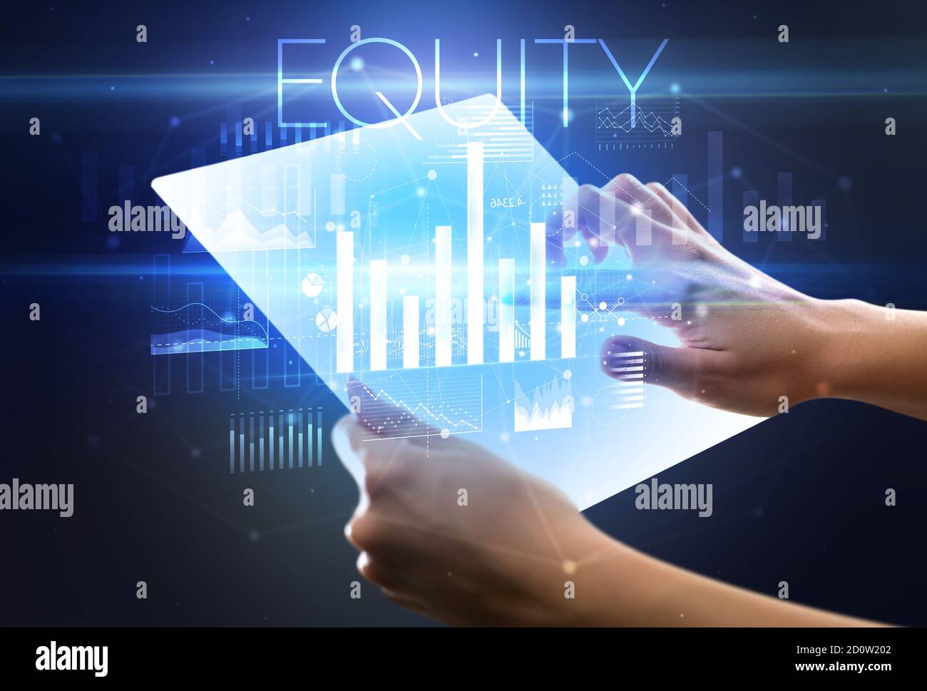 Hand holding futuristic tablet with EQUITY inscription above, modern ...