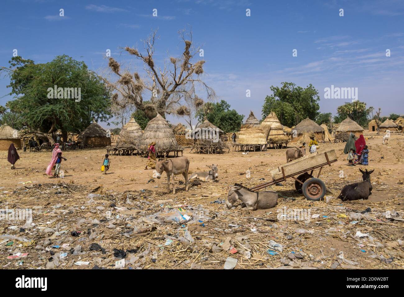 Thatched straw huts on stilts - African village scene in Niger, Africa ...