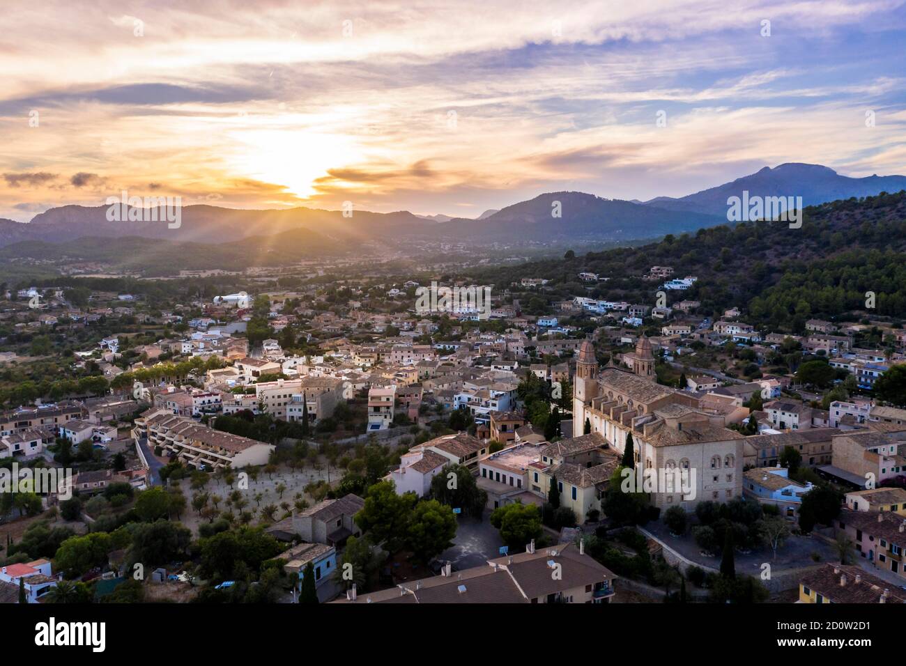 Aerial view, municipality of Calvia with the church Església Sant Joan ...