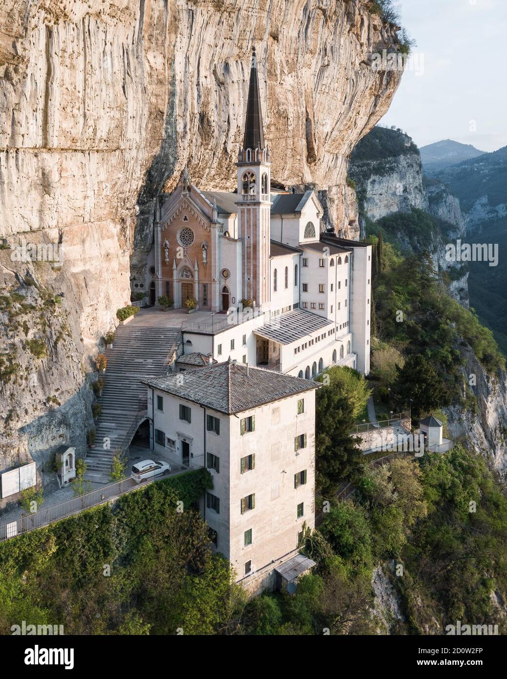 Aerial view, Sanctuary on a steep slope, Chapel of Madonna della Corona ...