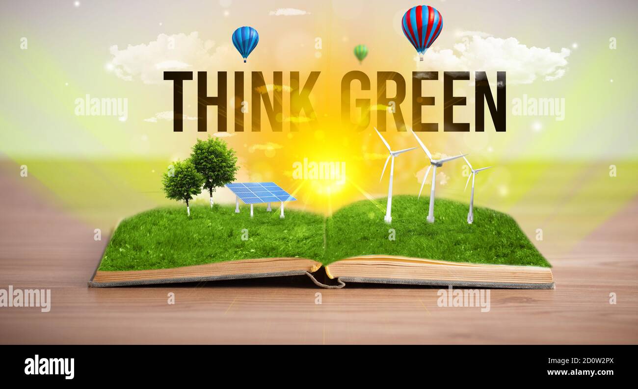 Open book with THINK GREEN inscription, renewable energy concept Stock ...