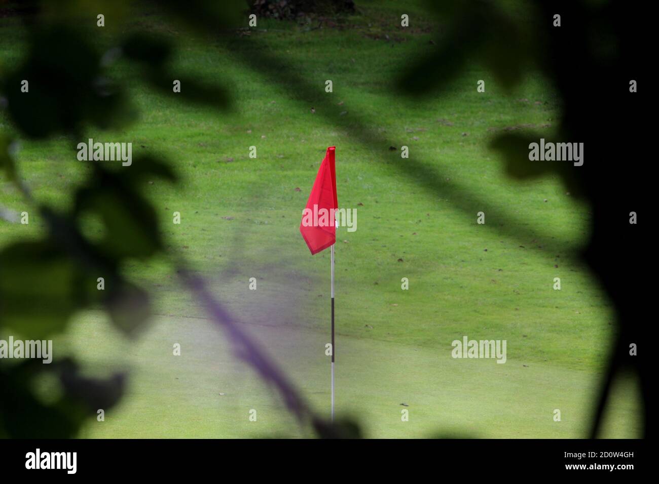 A photograph of a red flag on a golf course, framed by out of focus ...