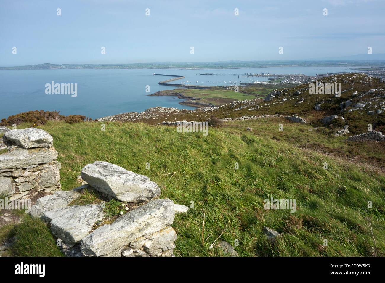 Holyhead town and port as seen from the top of Holy Mountain on Holy ...