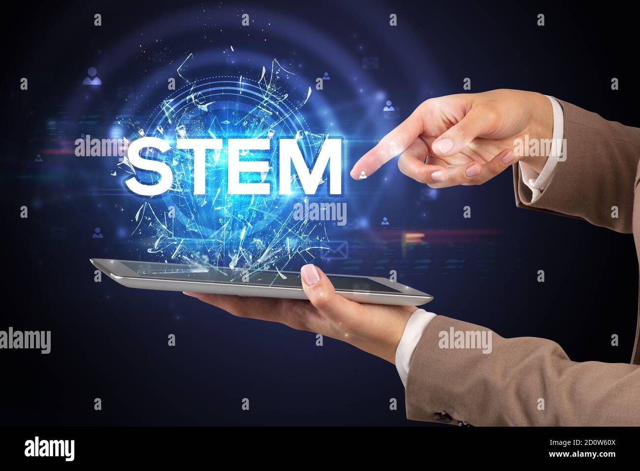 Close-up of a touchscreen with STEM abbreviation, modern technology ...