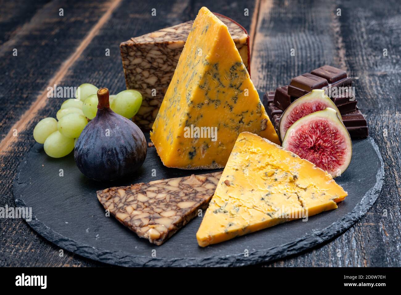 British and Irish cheeses, tasting plate with blue shropshire, brown ...