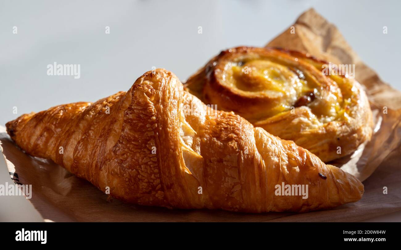 French breakfast in bakery served outdoor, fresh baked croissants and ...