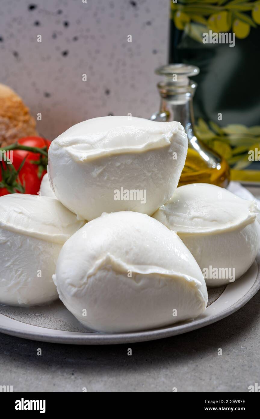 Fresh handmade soft Italian cheese from Campania, white balls of ...