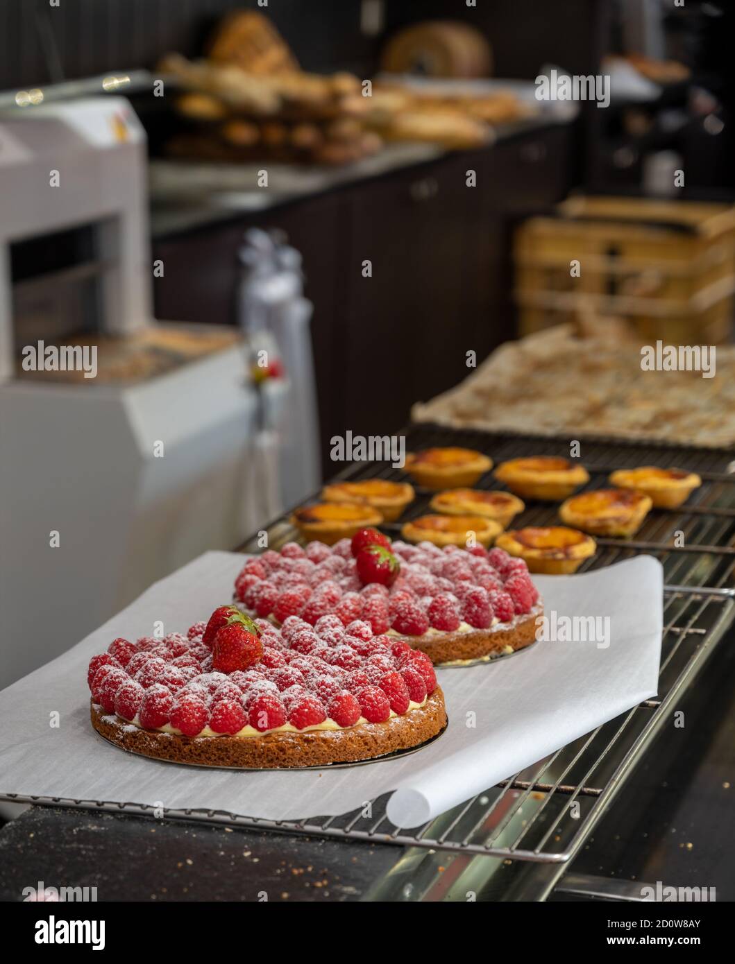 Assortment of french fresh baked sweet pastry with fresh fruits and ...