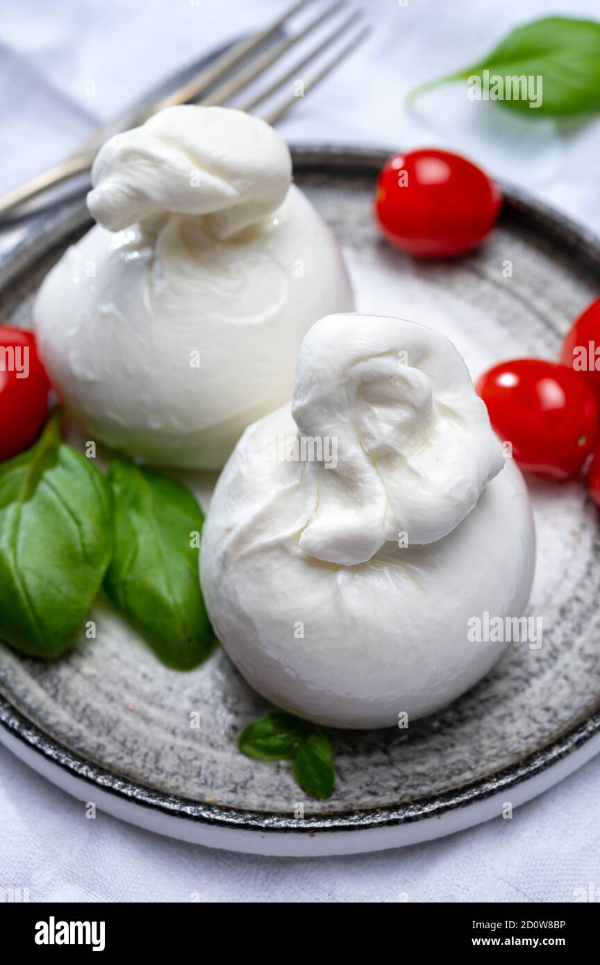 Cheese collection, fresh soft white burrata cheese ball made from ...