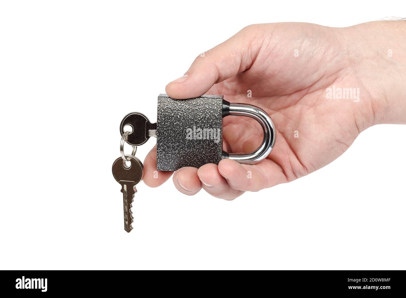 Padlock and keys in hands isolated on white background Stock Photo - Alamy