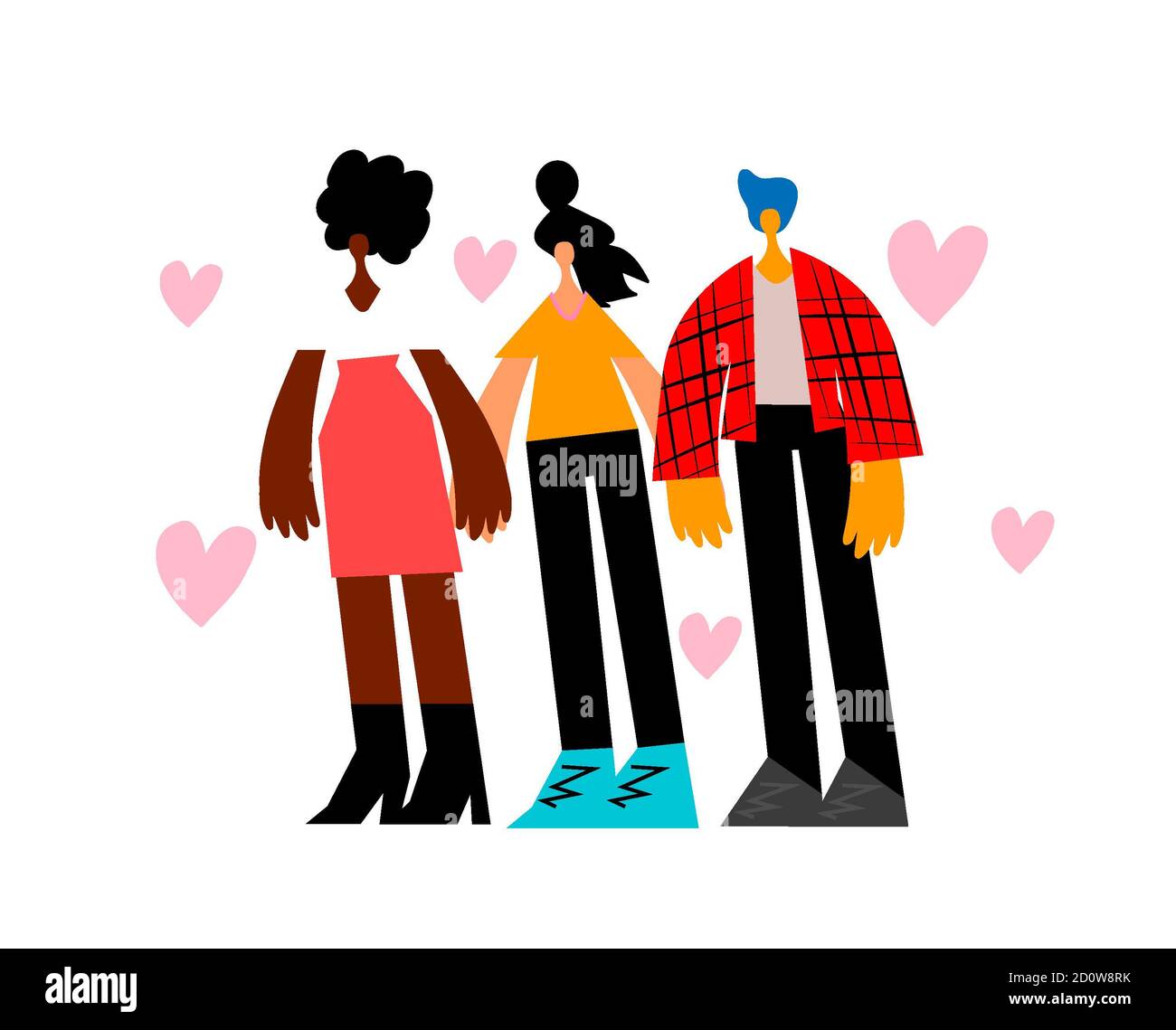 Polyamorous polygamous family. Two women and one man hugging each other ...