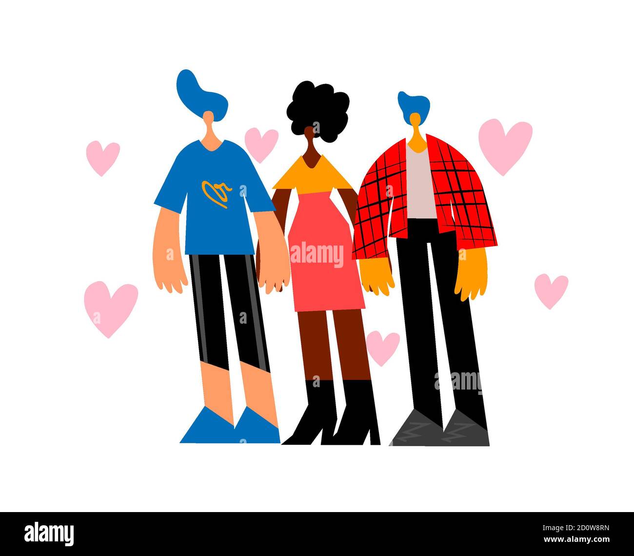 Polyamorous polygamous family. Two men and one woman hugging each other ...