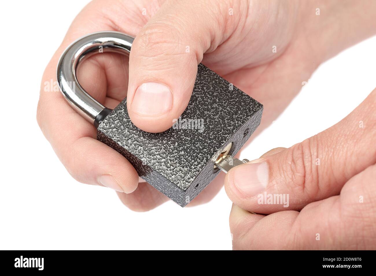 Padlock and keys in hands isolated on white background Stock Photo - Alamy