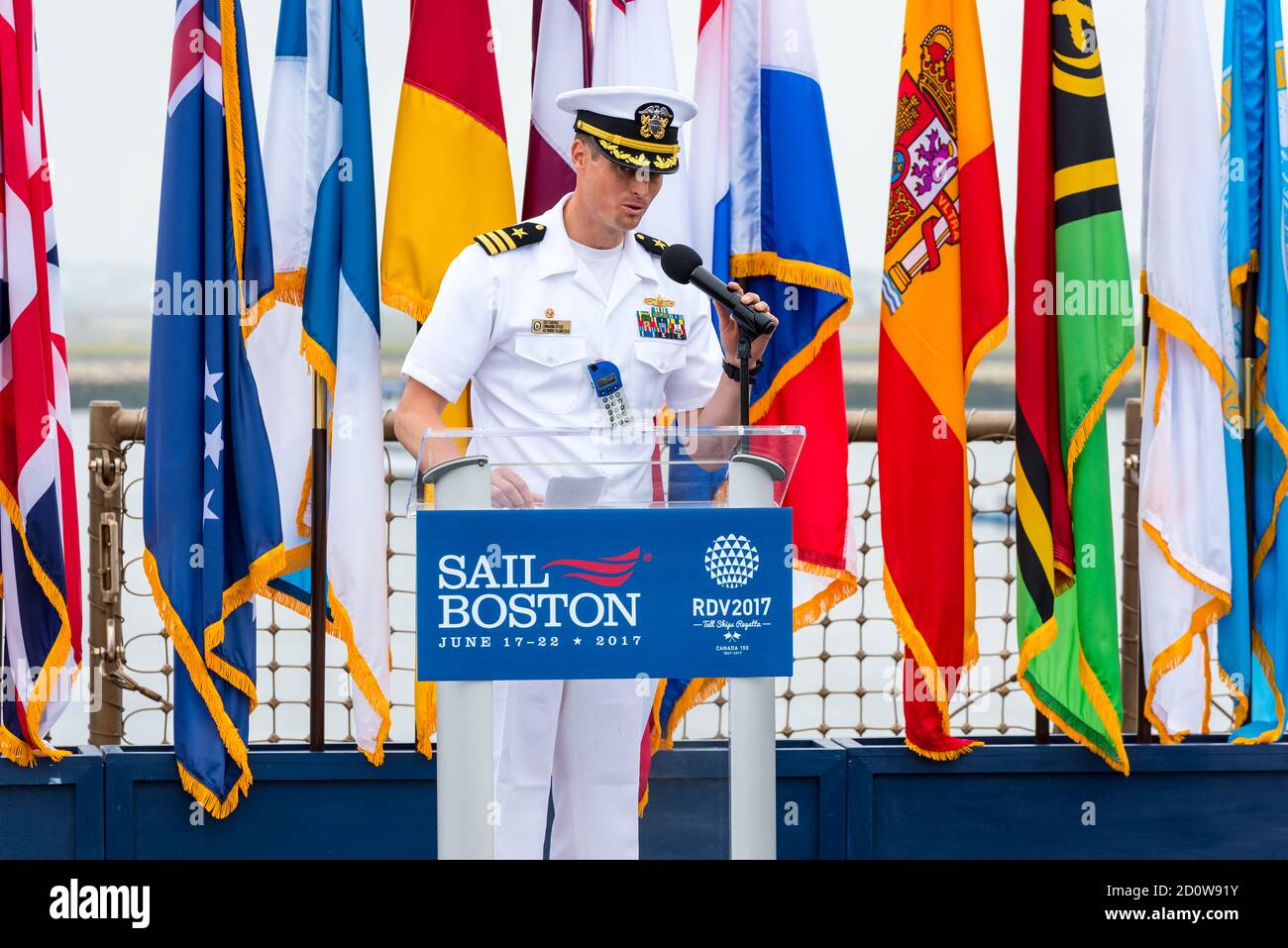 Boston, Massachusetts. 13th June, 2017. Commander Ethan Rule speaking ...