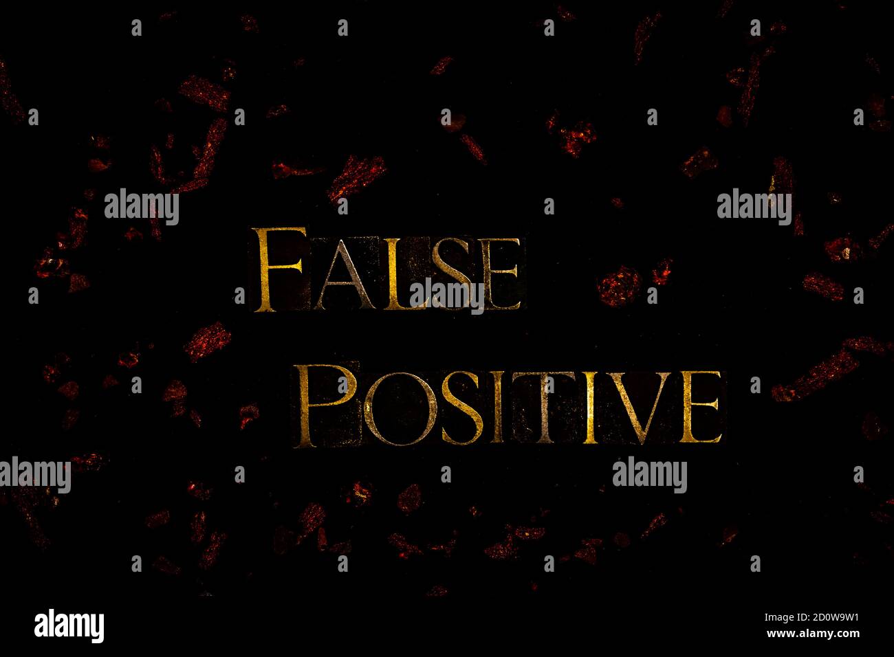 False Positive text in neon letters on black background with red virus ...