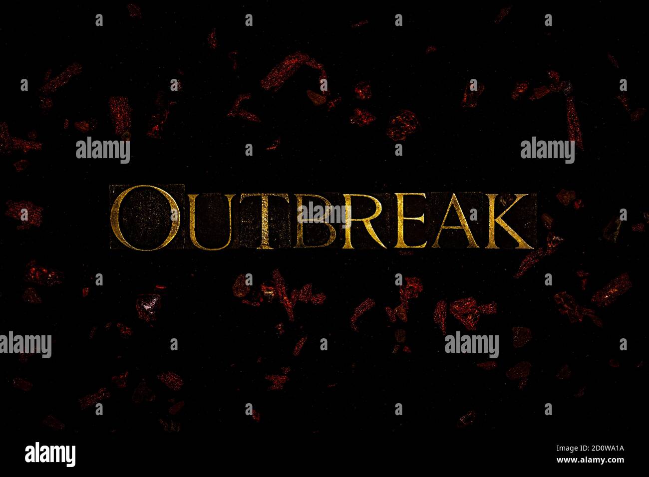 Outbreak text in neon letters on black background with red virus ...