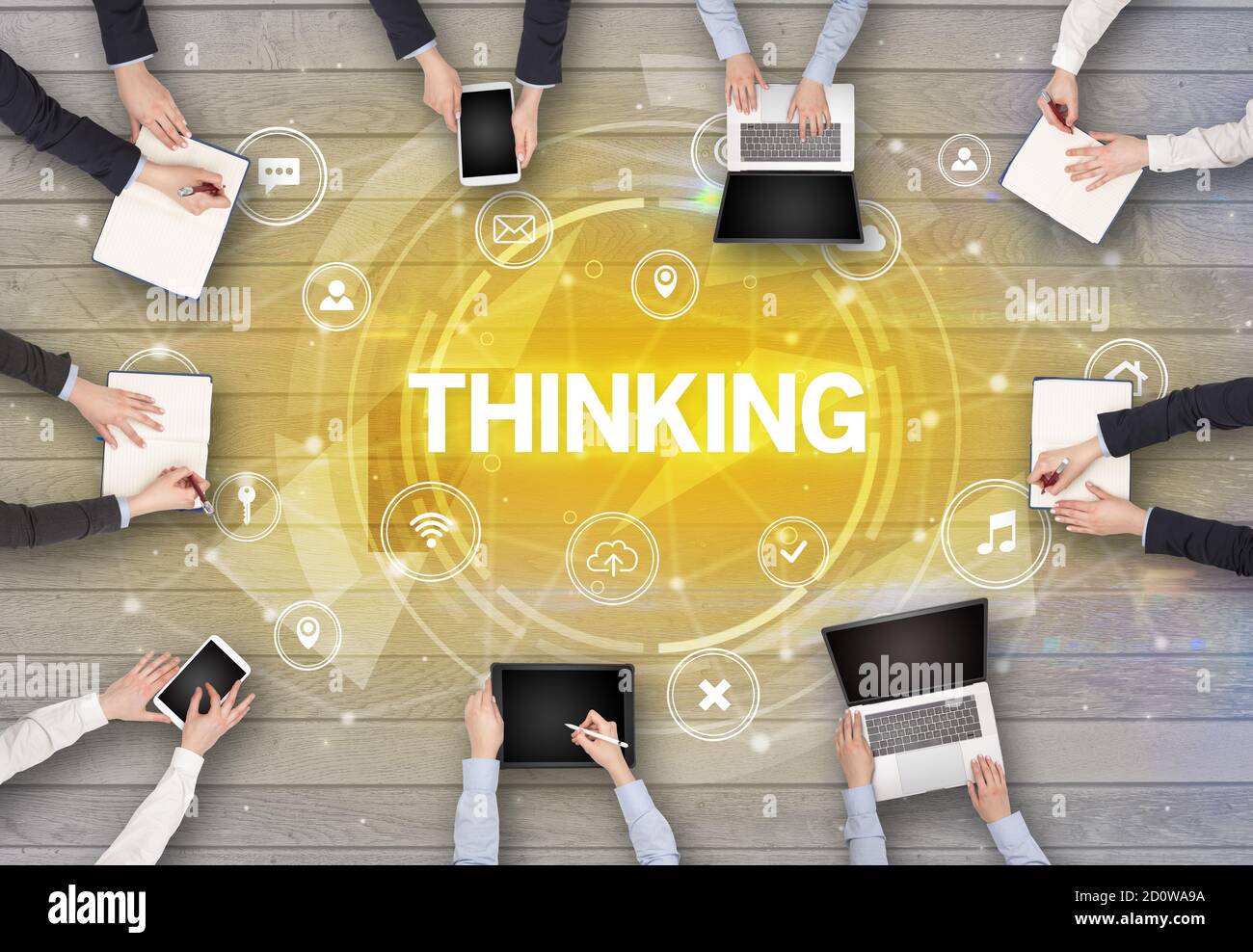 Group of people having a meeting with THINKING insciption, social ...