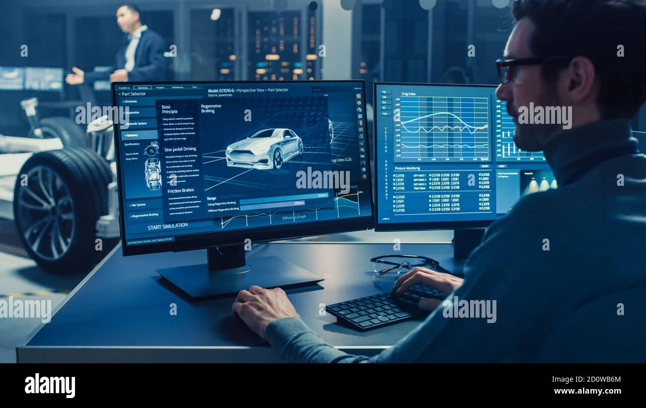 Professional Engineer Works on a Computer with a 3D CAD Software and ...