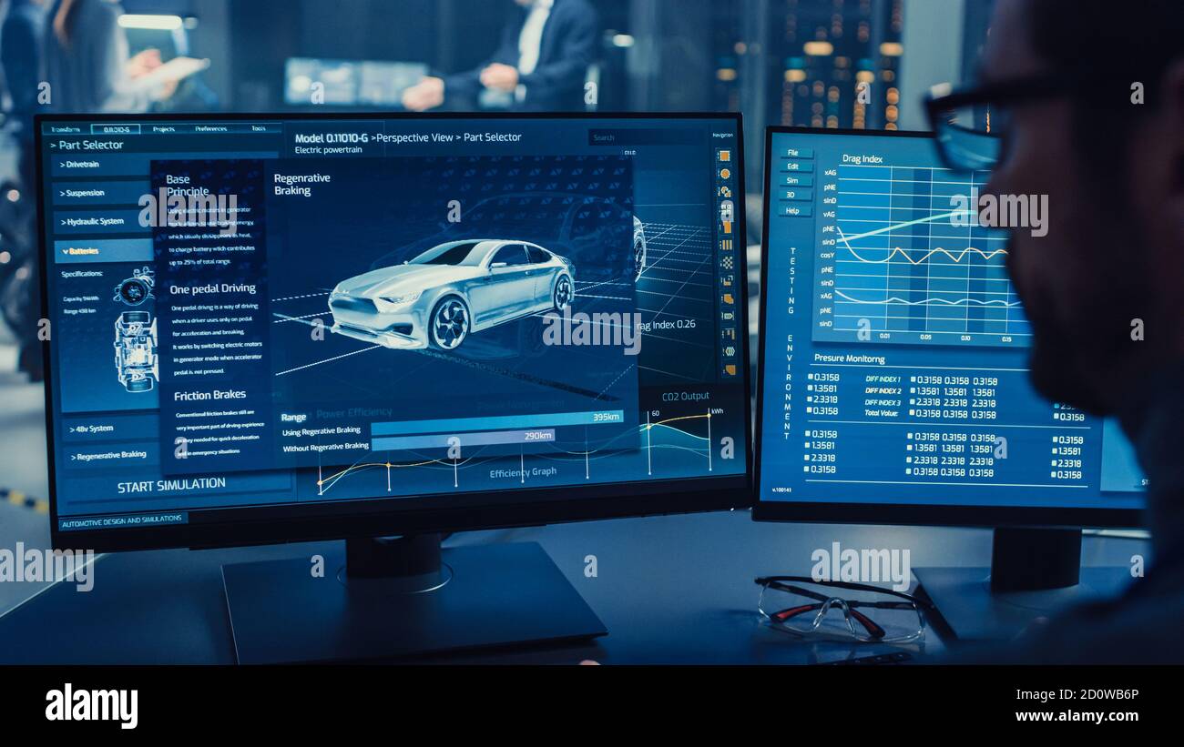 Professional Engineer Works on a Computer with a 3D CAD Software and ...