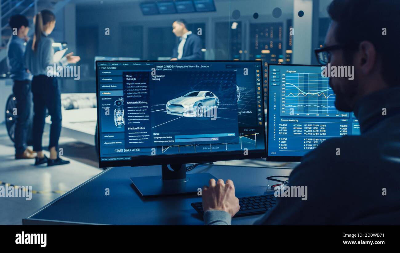 Professional Engineer Works on a Computer with a 3D CAD Software and ...