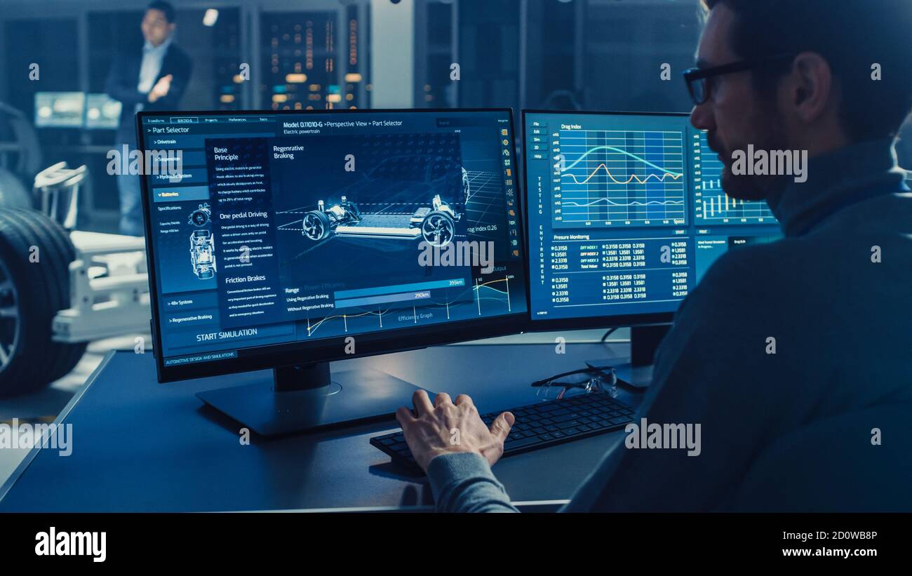 Professional Engineer Works on a Computer with a 3D CAD Software and ...