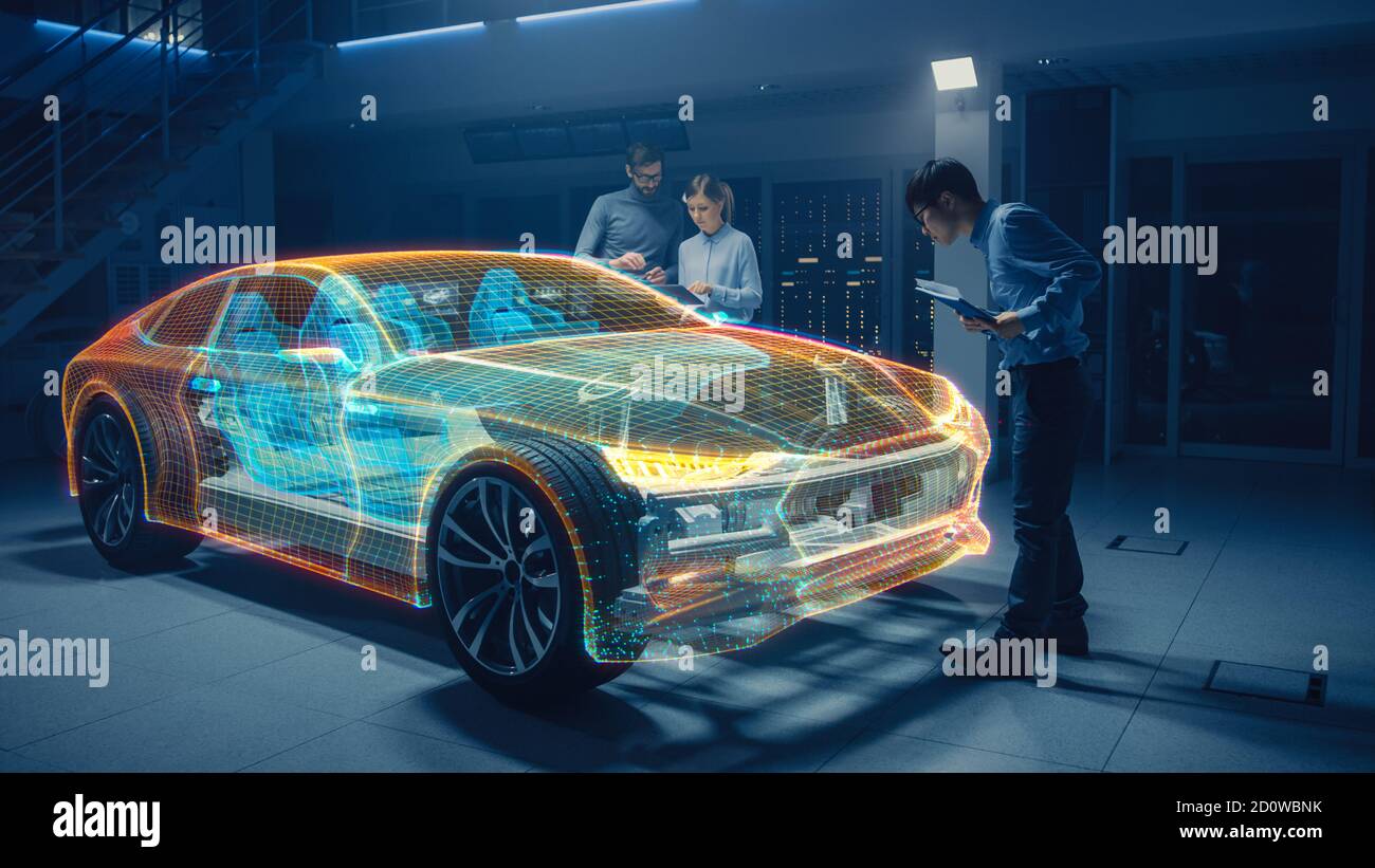 Group of Automobile Design Engineers Working in Virtual Reality 3D ...