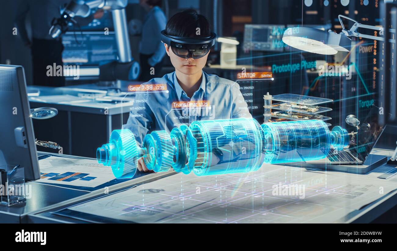 Industrial Factory Chief Engineer Wearing AR Headset Designs a ...