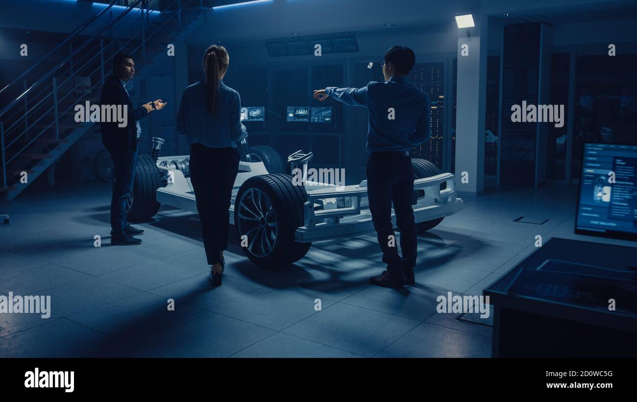 Automobile Engineers Designing Electric Car Platform Chassis, Using ...