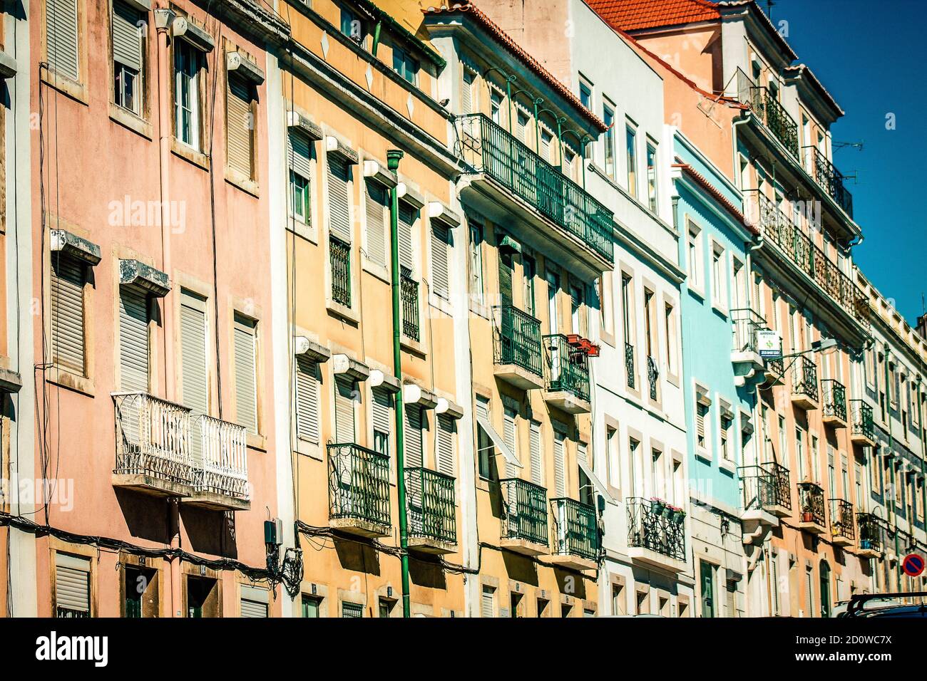 View of the facade of a building in the downtown of Lisbon in Portugal ...