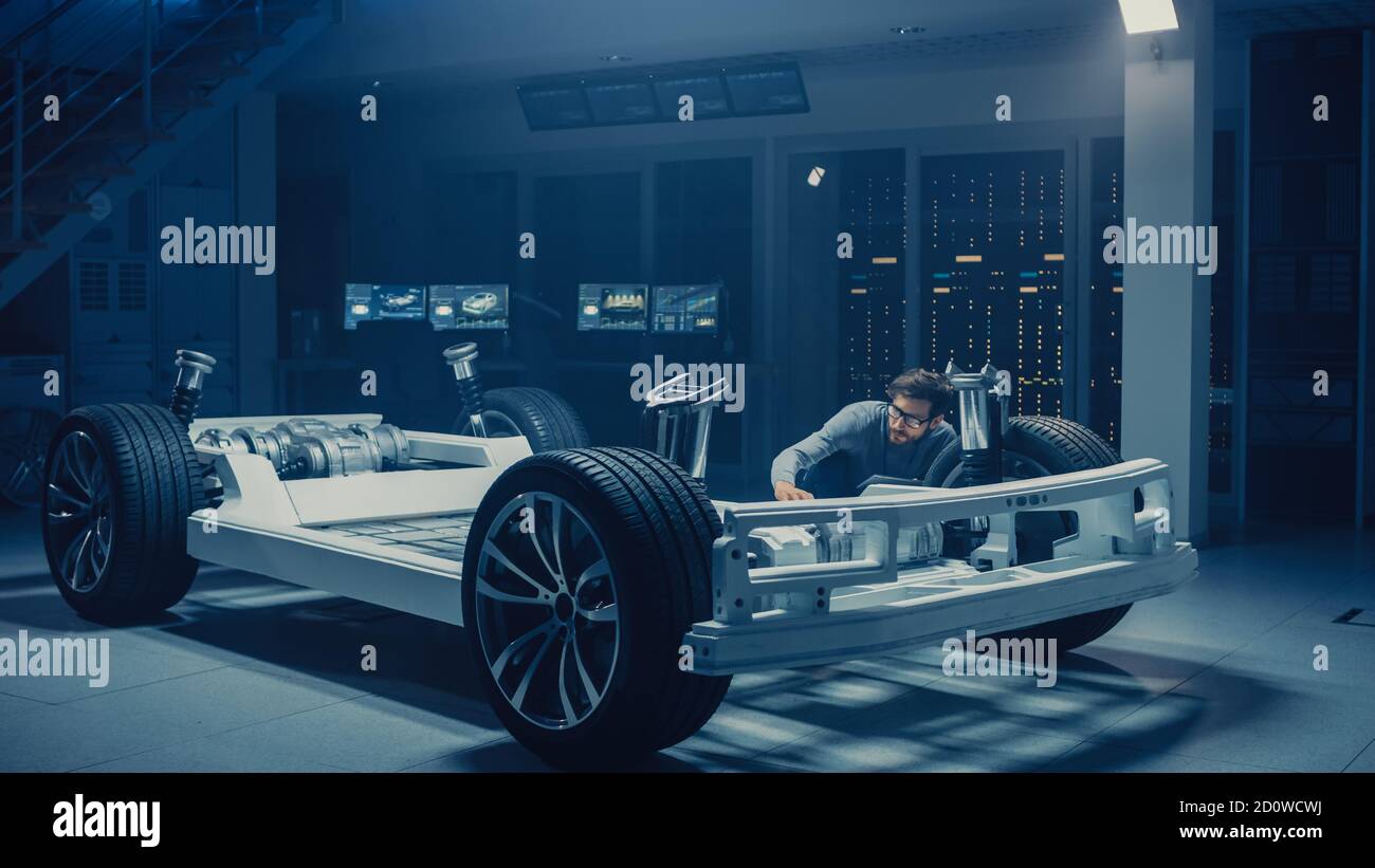 Automobile Engineer Working on Electric Car Platform Chassis Prototype ...