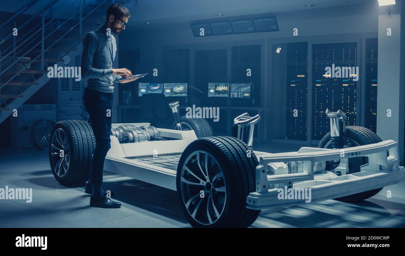 Automobile Engineer Working on Electric Car Platform Chassis Prototype ...