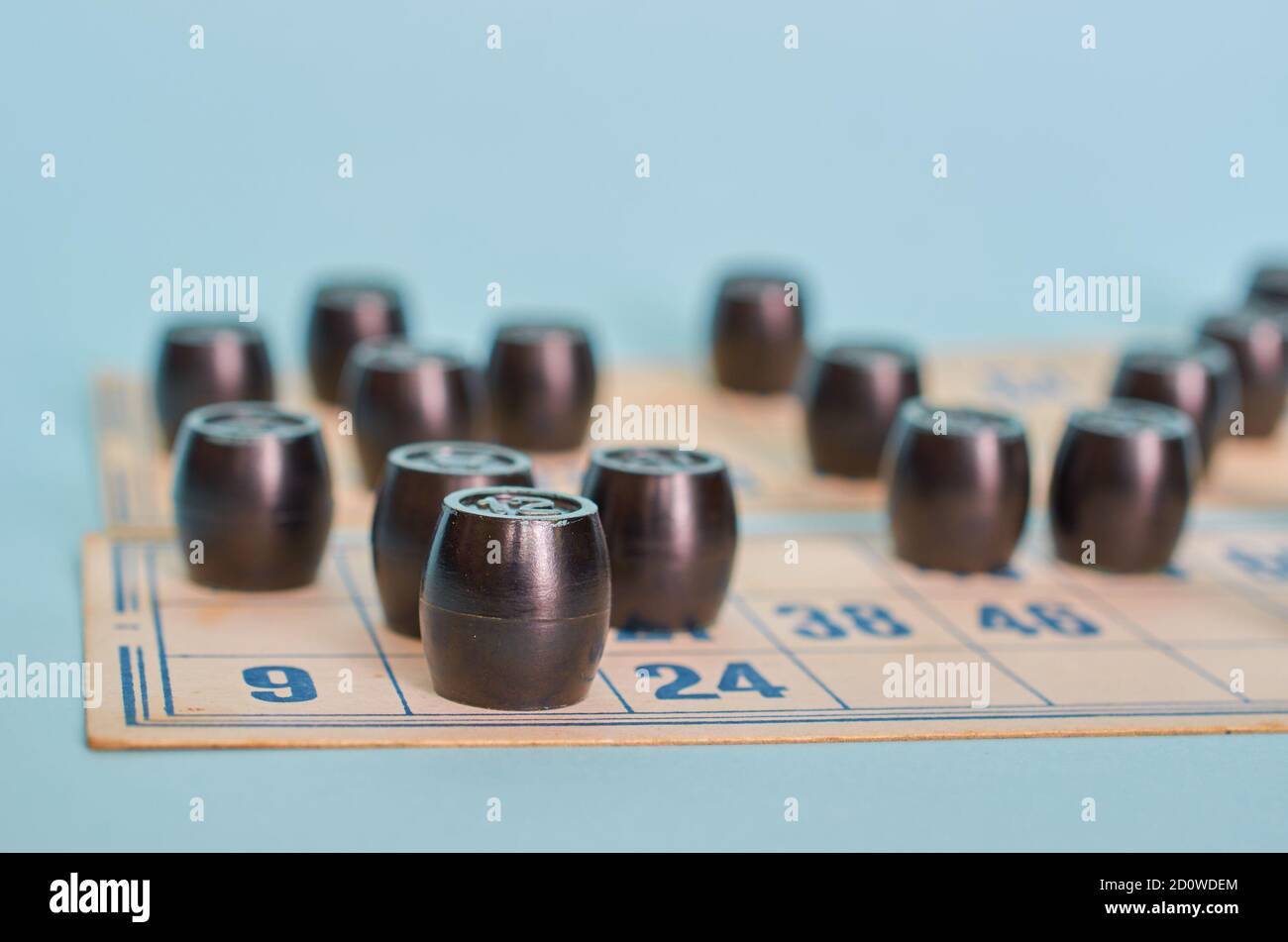 Board game. Lotto. Bag with barrels close up Stock Photo - Alamy