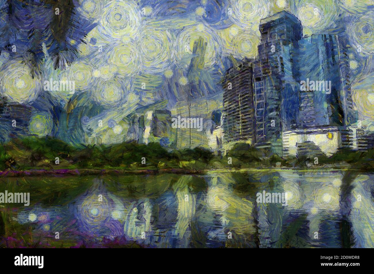 High-rise buildings and ponds Illustrations creates an impressionist ...