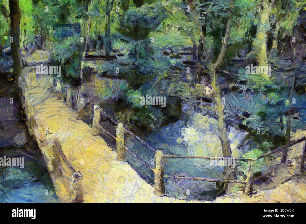 Landscape of bridges and streams Illustrations creates an impressionist ...
